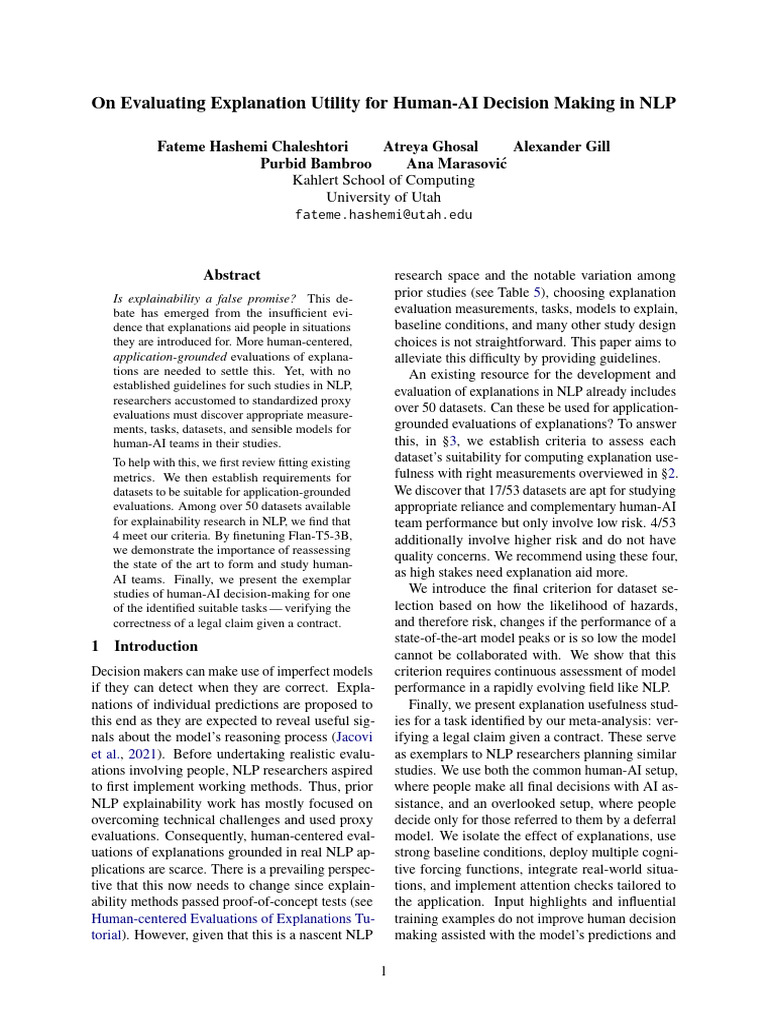 OnEvaluating Explanation Utility for Human-AI Decision Making in NLP | PDF | Risk | Prediction