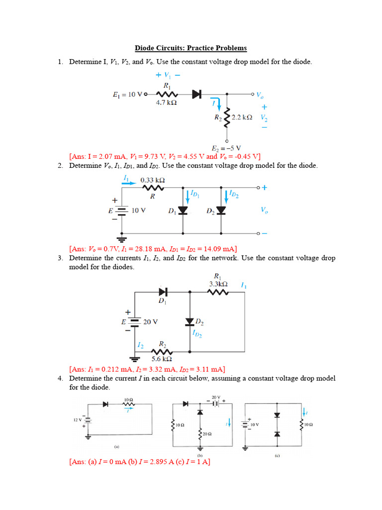 Diode Circuits Practice Problems Answer Key | PDF | Electric Power | Electrical Engineering