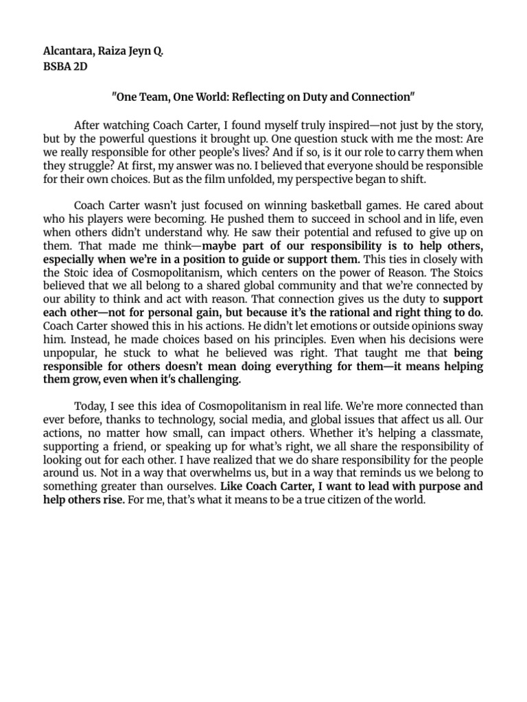 Alcantara, Raiza Jeyn Q. - Reflection Paper (Coach Carter) | PDF