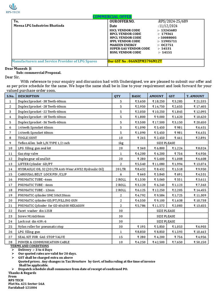 Meena LPG Bhatinda Quotation - Dt. 11-12-24 | PDF | Pneumatics | Gas Technologies