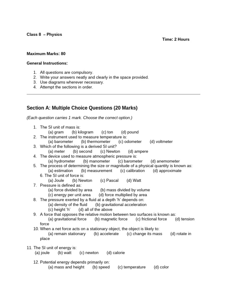 Class 8 Sample Annual - Physics | PDF | Force | Pressure