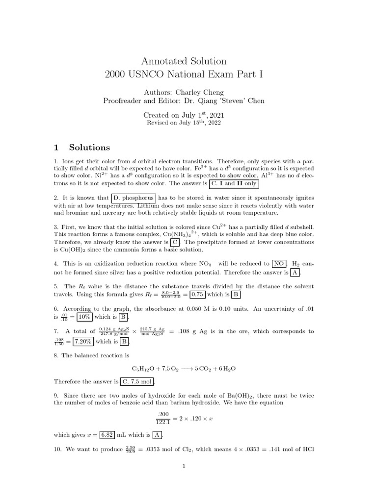 2000 Usnco National Part I Solutions | PDF | Mole (Unit) | Chemical ...