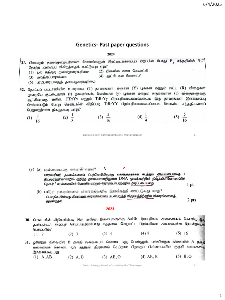 Genetics Pastpaper Questions | PDF