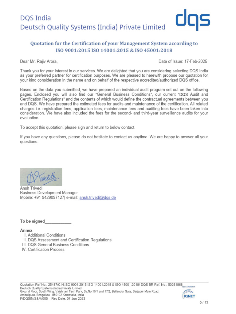 DQS India Certification Quotation for Credence | PDF | Legal Liability | Breach Of Contract