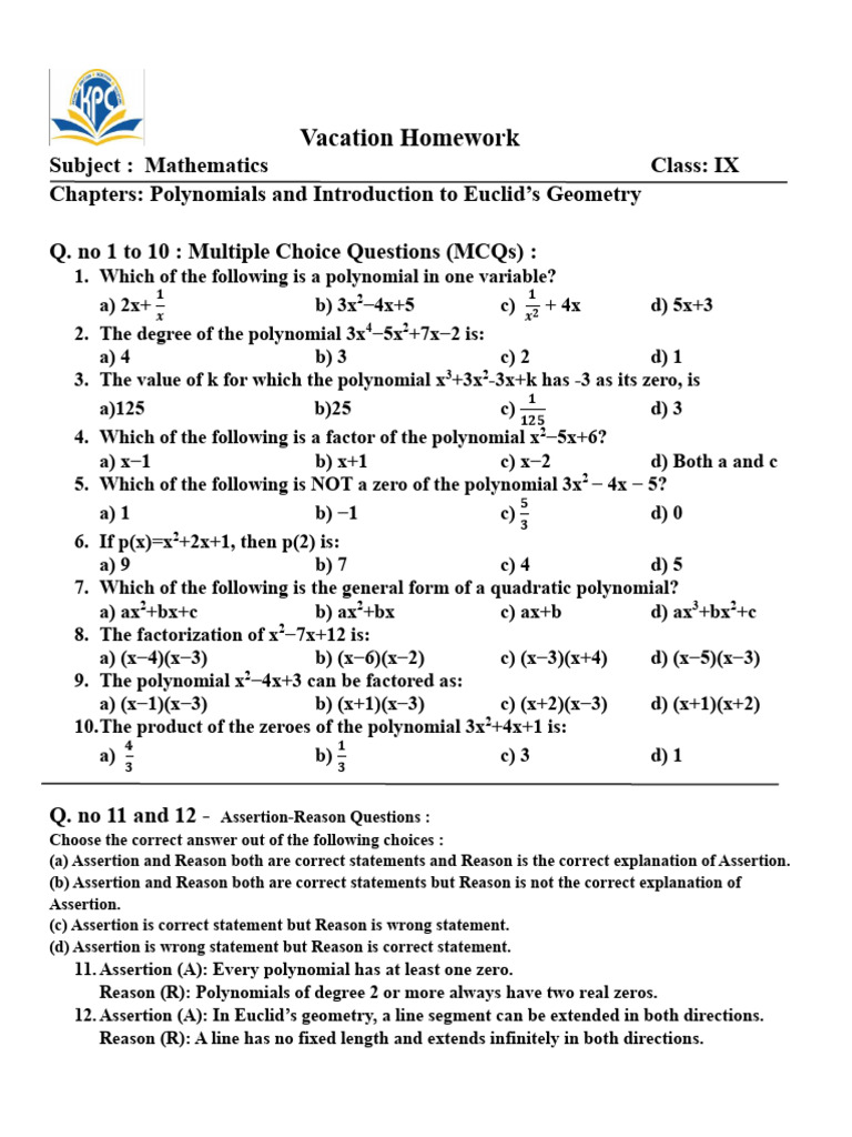 IX Maths Vacation Homework | PDF | Polynomial | Factorization
