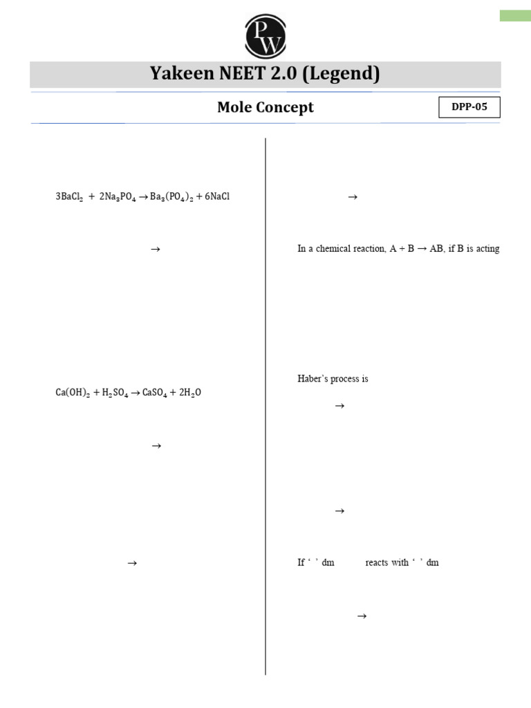 Mole Concept DPP 05 of Lec 07 Yakeen 2-0-2024 Legend | PDF | Mole (Unit ...