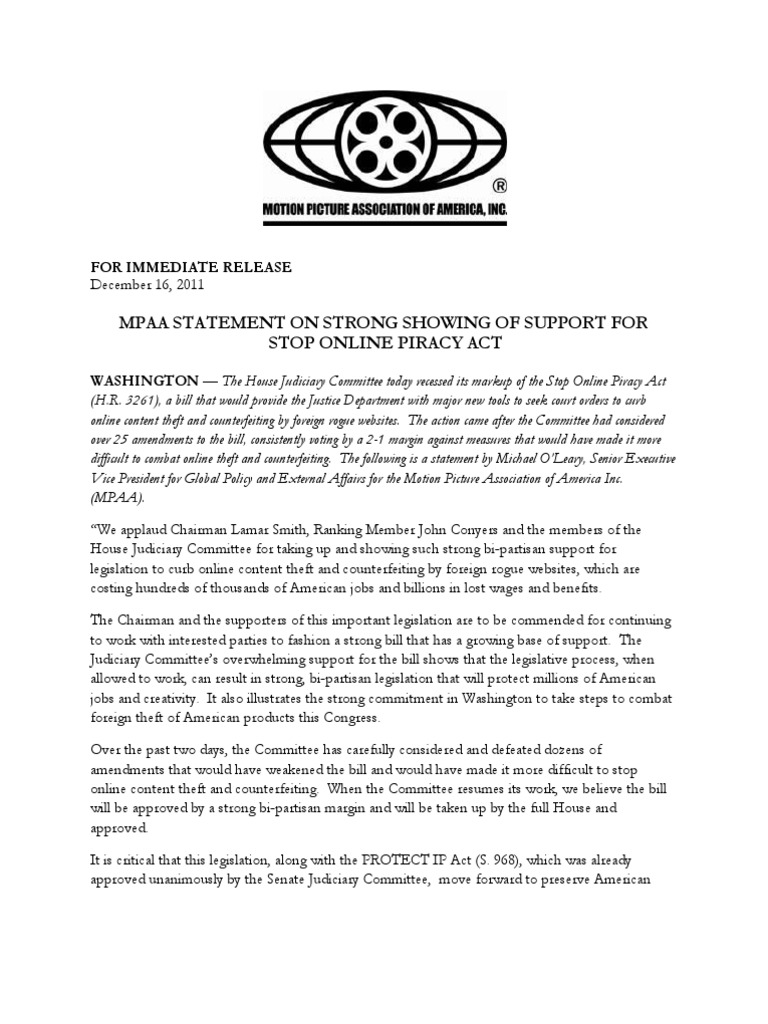 MPAA Press Release Dec 16 2011 | PDF | The United States | Government