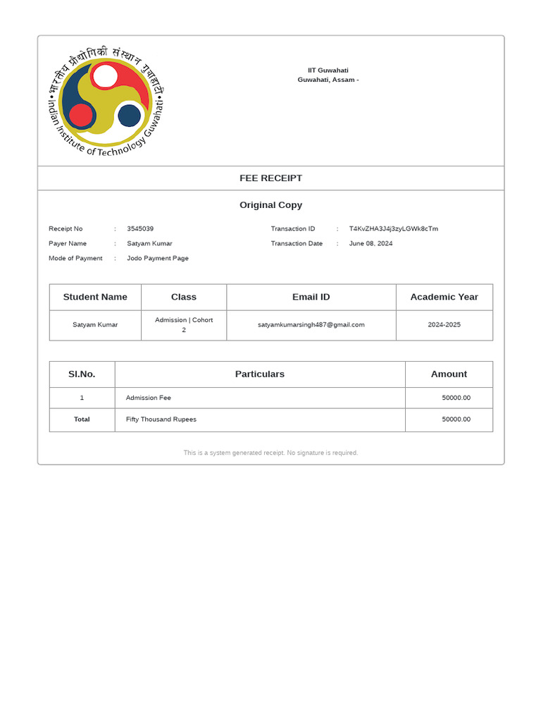 IIT Guwahati Fee Receipt 2024-2025 | PDF