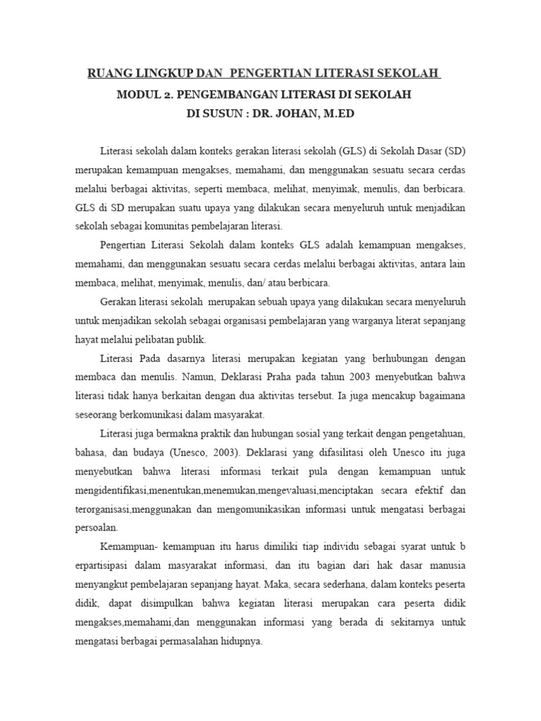 Pengertian dan Ruang Lingkup Literasi Sekolah | PDF