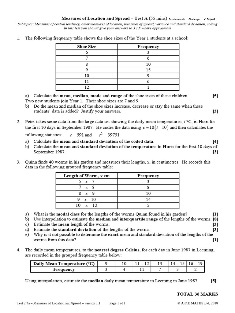 Test 2.3a – Measures of Location and Spread | PDF | Standard Deviation ...