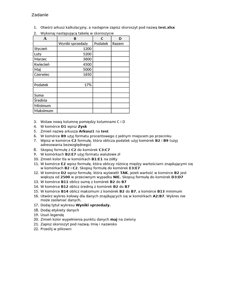 Zadanie - Arkusz Kalkulacyjny | PDF