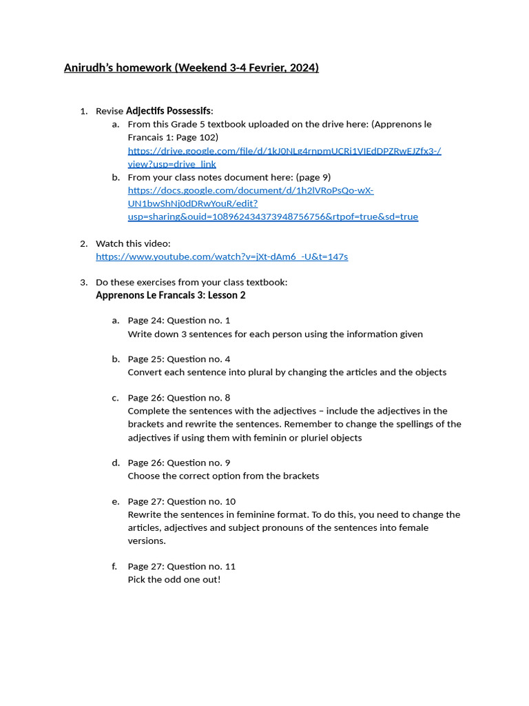 French Homework: Adjectives & Exercises | PDF