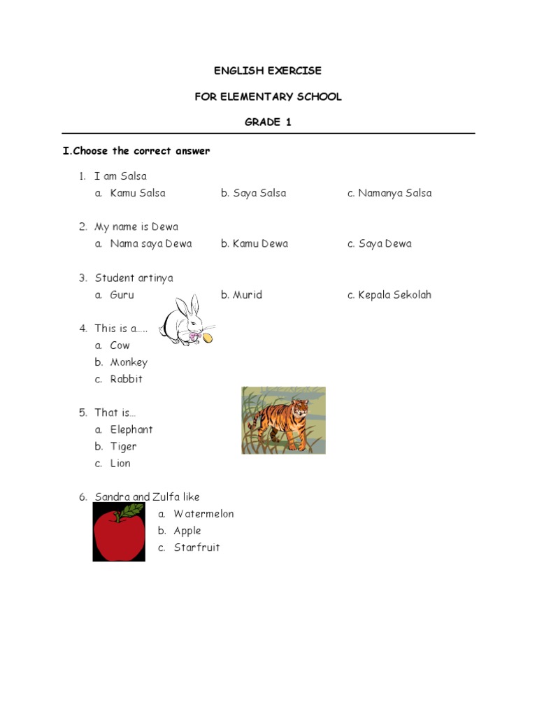ENGLISH EXERCISE Grade 1 Elementary School | PDF