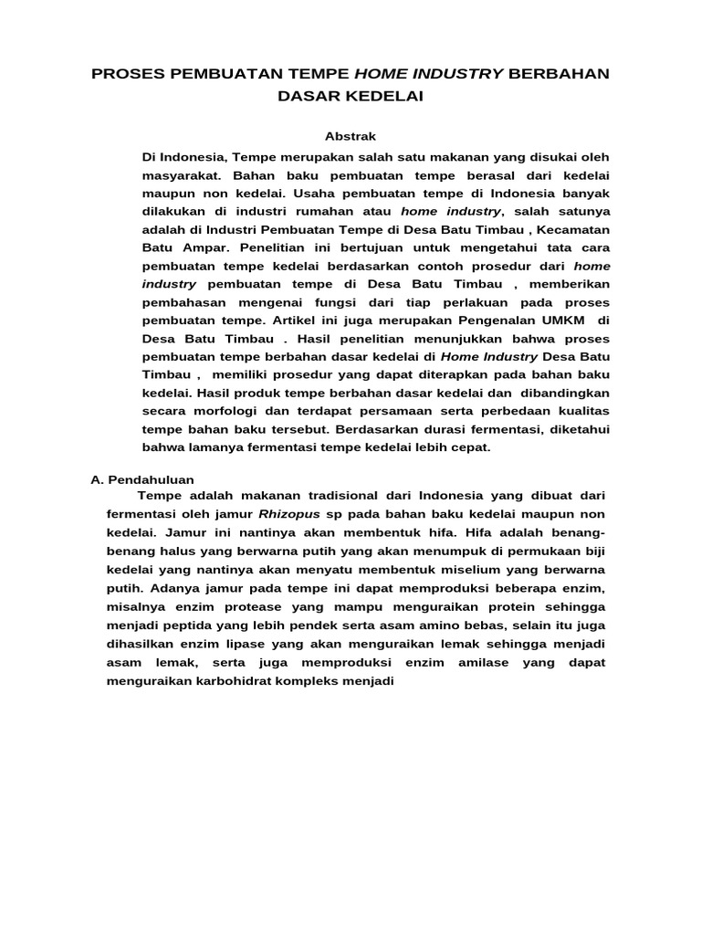 Proses Pembuatan Tempe Home Industry Berbahan Dasa | PDF