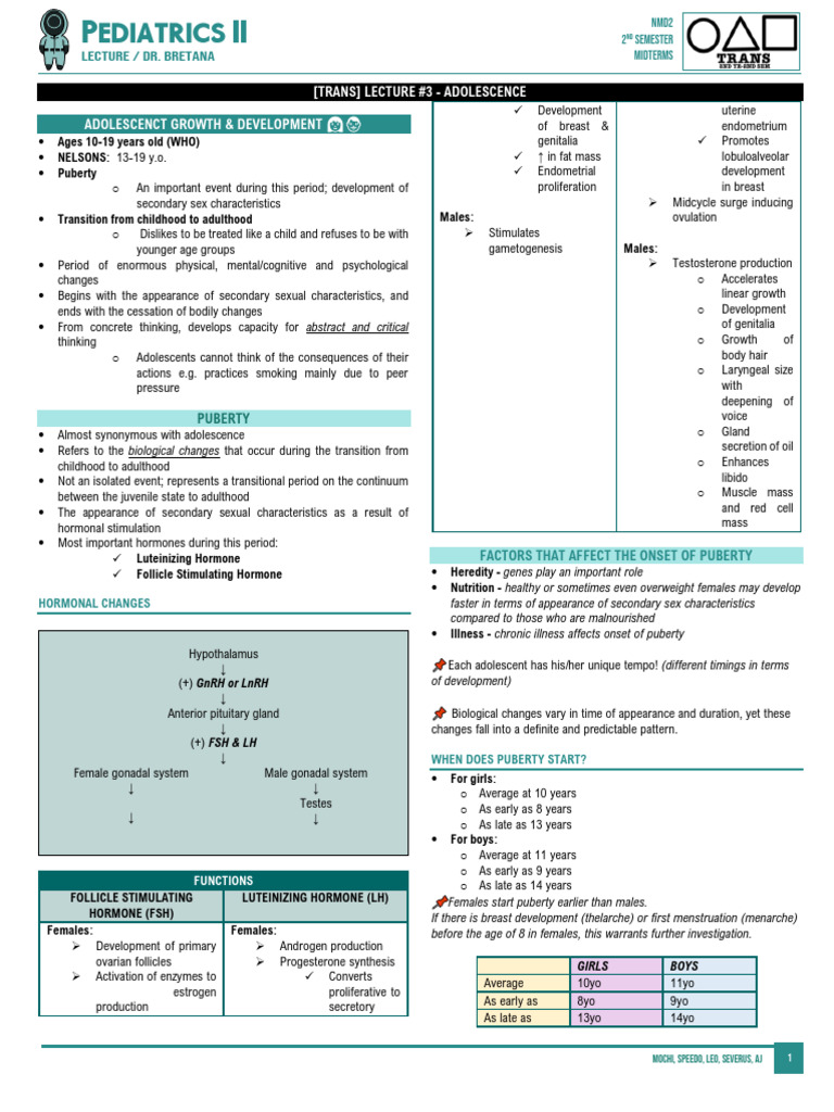 TRANS - PEDIA #3 (A - B) MIDTERMS - Adolescent Growth - Development (Dr. Bretana) | PDF ...