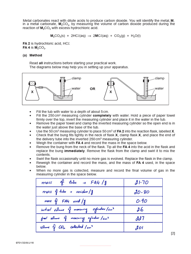 Gas Collection from M2CO3 Reaction | PDF | Mole (Unit) | Gases
