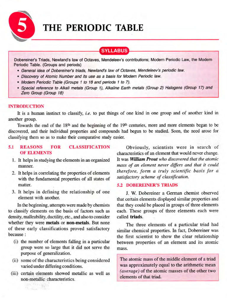 Chemistry Selina Chapter 5 The Periodic Table | PDF