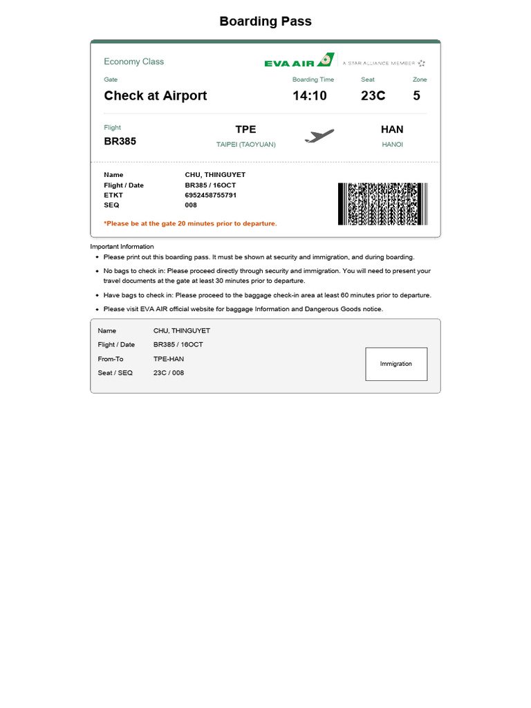 EVA Air Boarding Pass for Flight BR385 | PDF