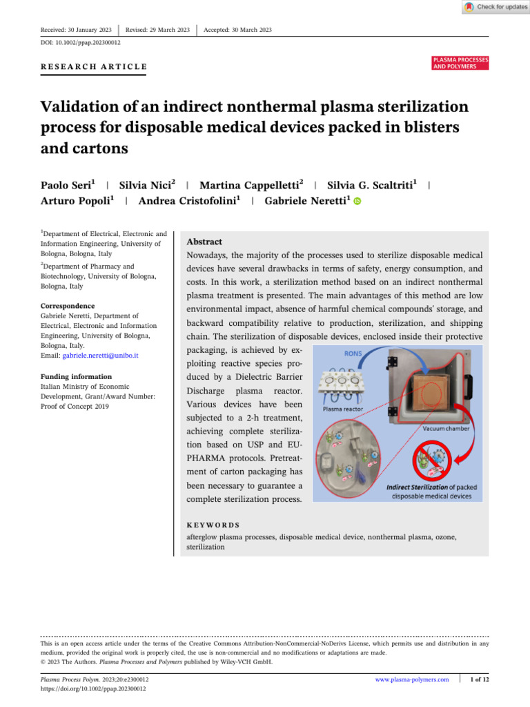 Plasma Processes Polymers - 2023 - Seri - Validation of An Indirect Nonthermal Plasma ...