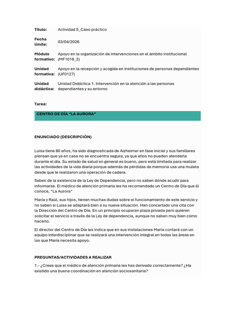 Act.5 Ud1 Uf0127 | PDF | Cuidado de la salud | Dieta