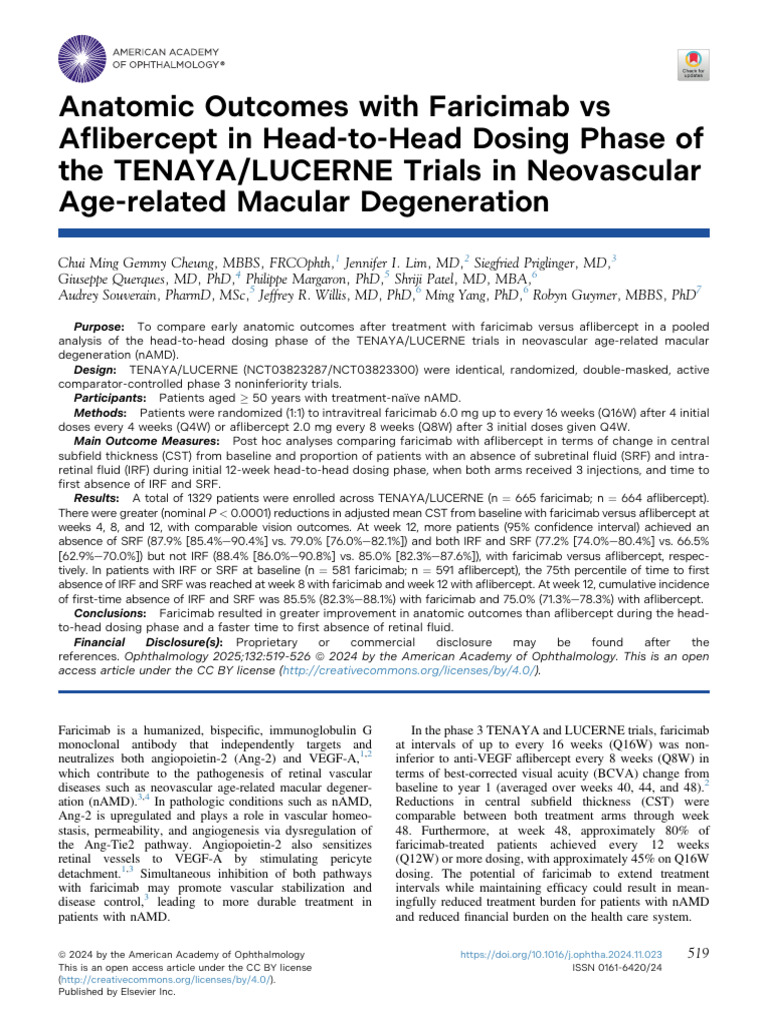 Anatomic Outcomes With Faricimab Vs Aflibercept in | PDF | Medical ...