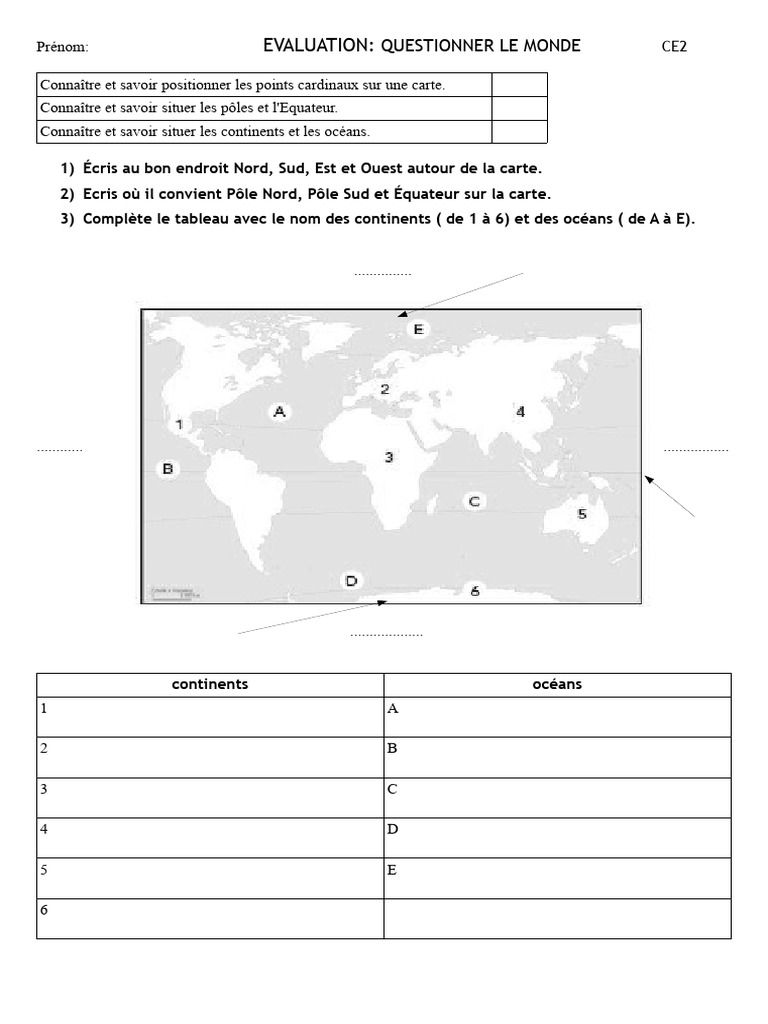 Évaluation Continents et Océans CE2 | PDF