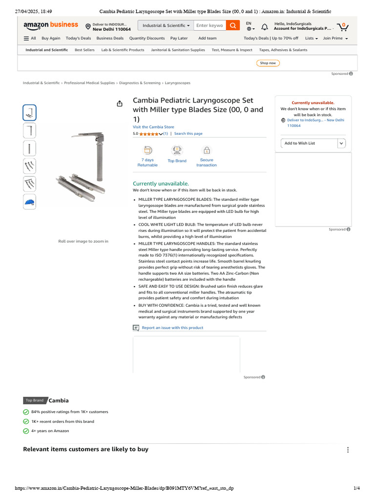Cambia Pediatric Laryngoscope Set With Miller Type Blades Size (00, 0 ...