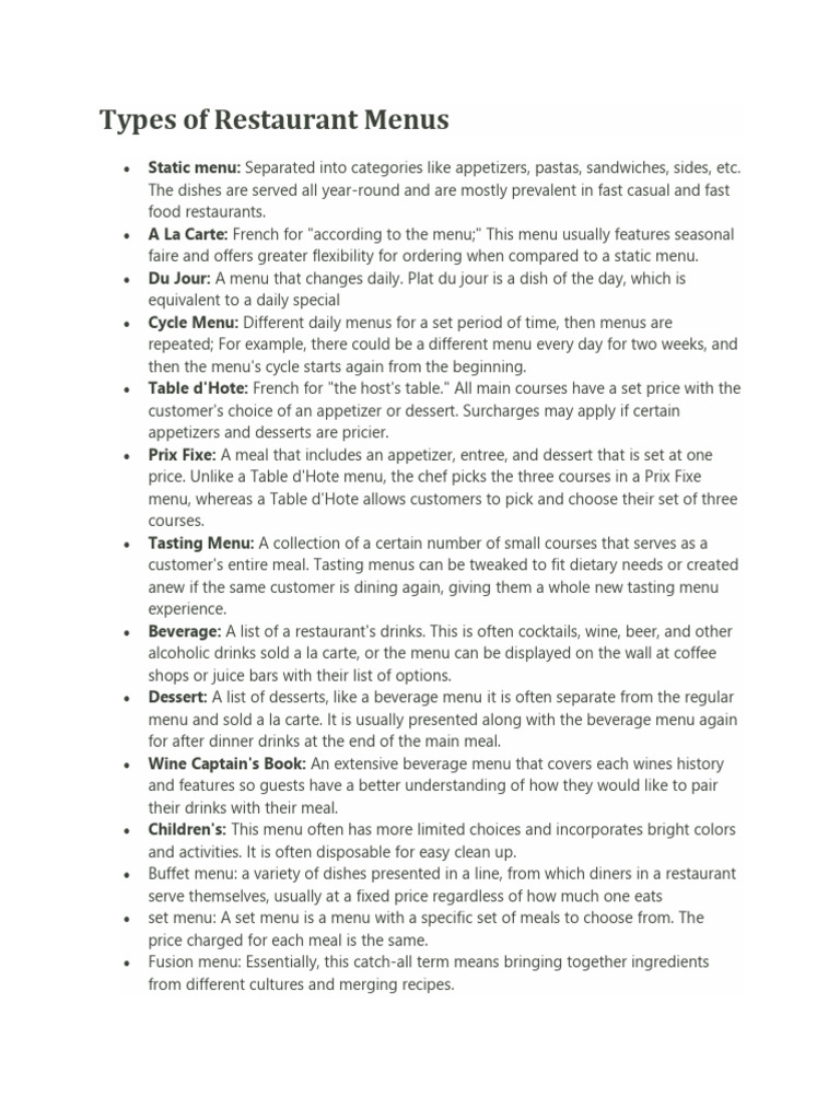 Types-of-Restaurant-Menu (1) | PDF | Menu | Meal