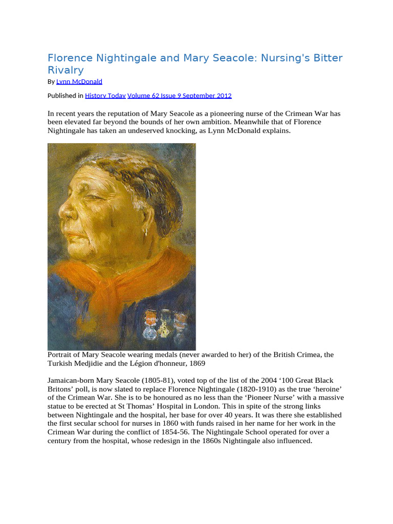 Florence Nightingale and Mary Seacole - Nursing S Bitter Rivalry | PDF ...
