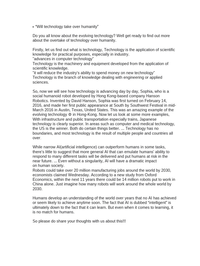 Will Technology Take Over Humanity | PDF