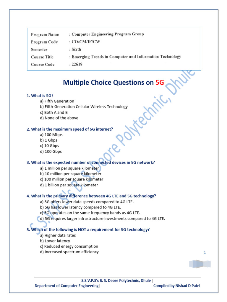 ETI MCQ (NDP) On 5 G, CO 6 I, ETI 2024-2025 | PDF | 4 G | Wi Max