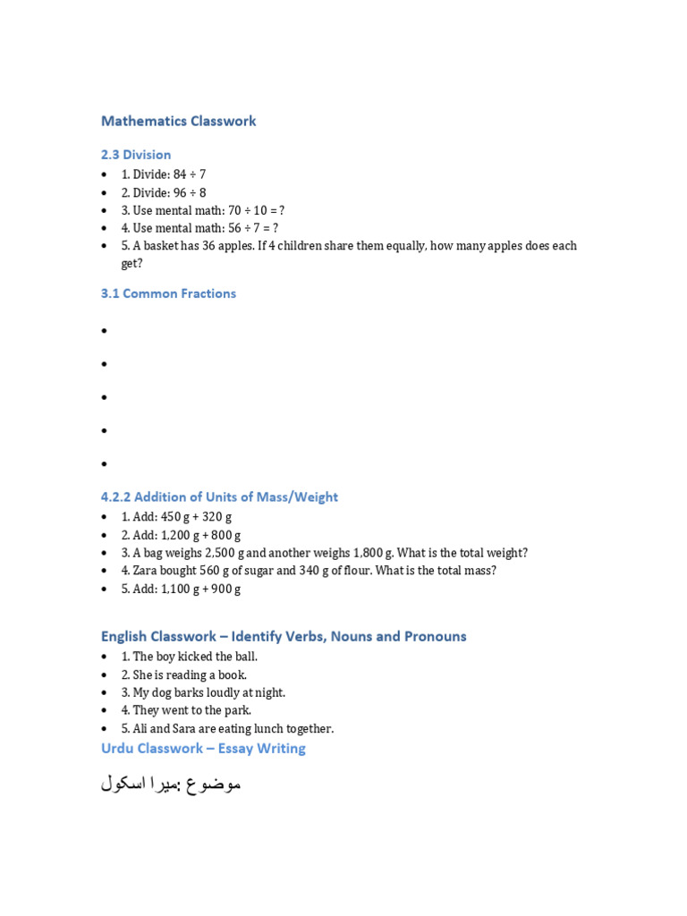 Grade4_Classwork_Worksheet_A | PDF