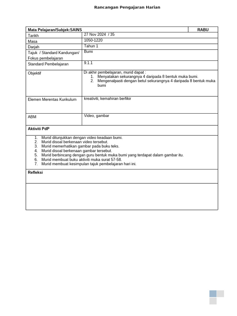 RPH Sains Tahun 1 Minggu 31 | PDF
