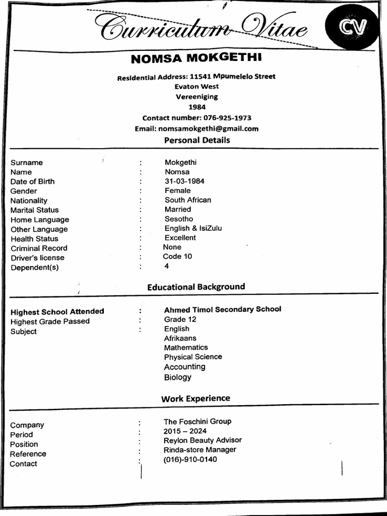 Nomsa Mokgethi CV | PDF