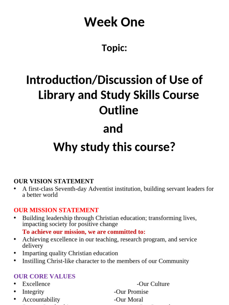 Week 1 Introduction of course outline and why study use of library ...