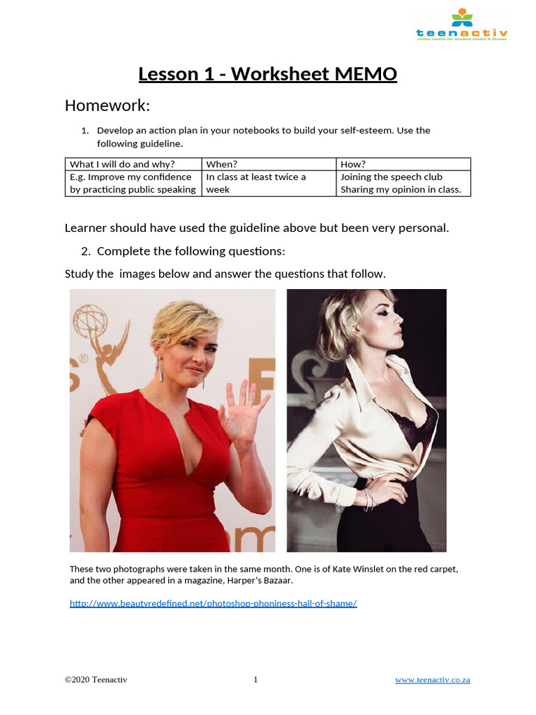 4 Lesson 1 - Worksheet MEMO | PDF | Self Esteem | Cognition