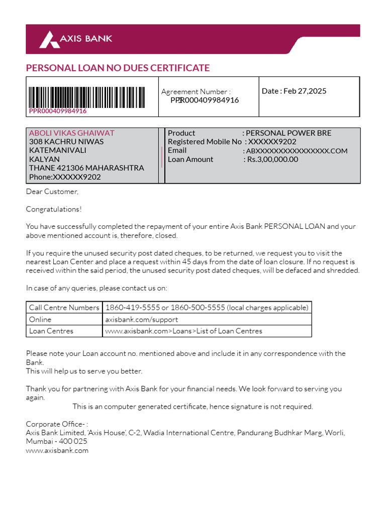 Personal Loan Closure Certificate | PDF
