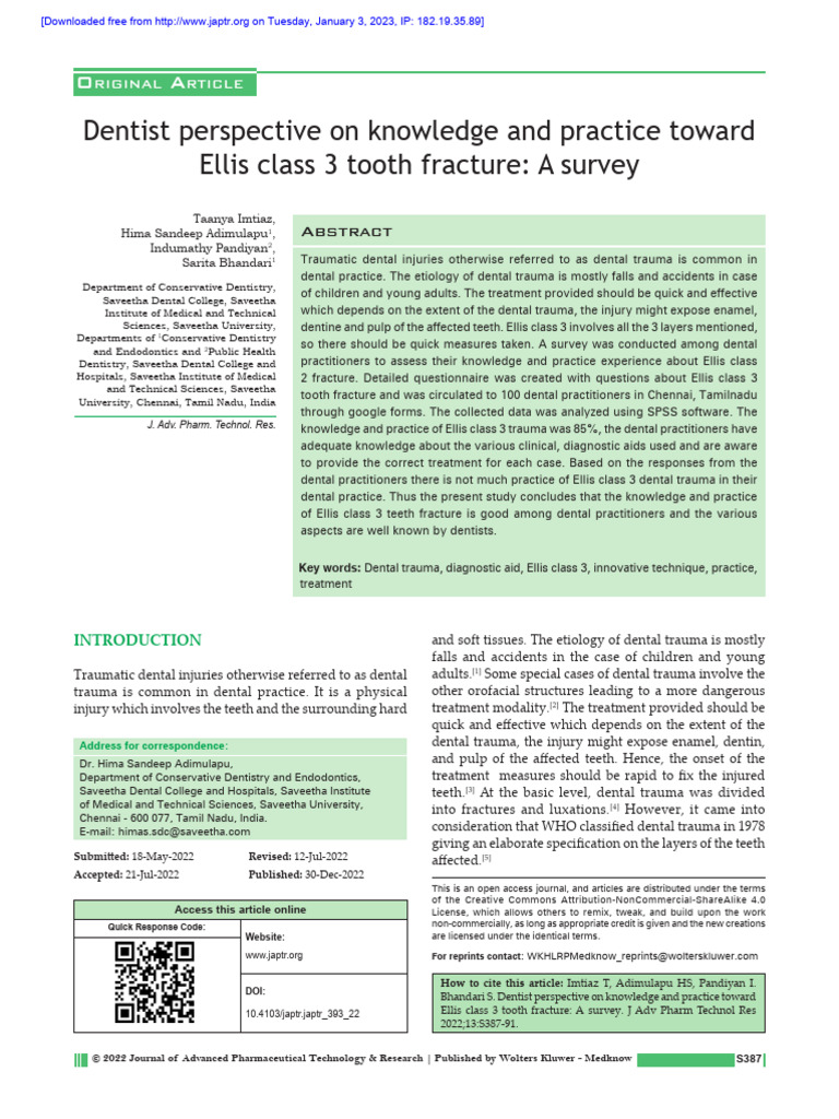 Dentist Insights on Ellis Class 3 Fractures | PDF | Dentistry | Tooth ...
