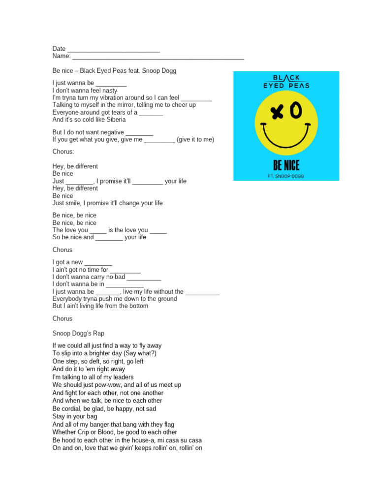 Be Nice - Song Worksheet | PDF