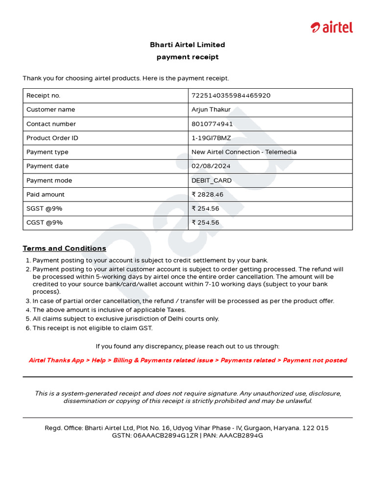 Airtel Receipt | PDF