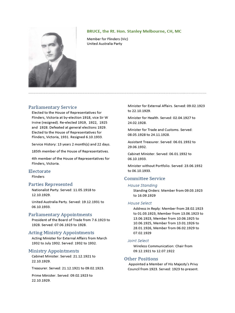 Biography (BRUCE, The Rt. Hon. Stanley Melbourne, CH, MC) | PDF ...