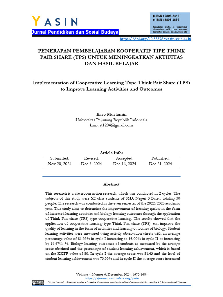 Penerapan Pembelajaran Kooperatif Tipe Think Pair | PDF