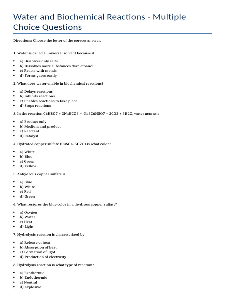 Water_Biochemical_Reactions_MCQs | PDF | Osmosis | Diffusion