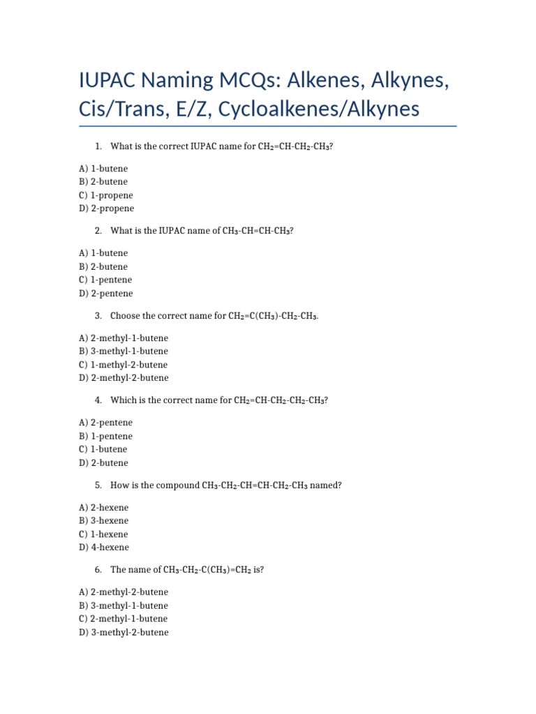 IUPAC Naming MCQs With 40 Answers | PDF | Alkene | Organic Chemistry