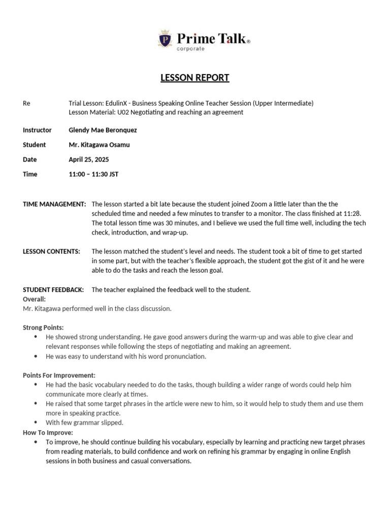 Lesson Report_EdulinX Trial Lesson_Business Speaking-Upper Intermediate ...