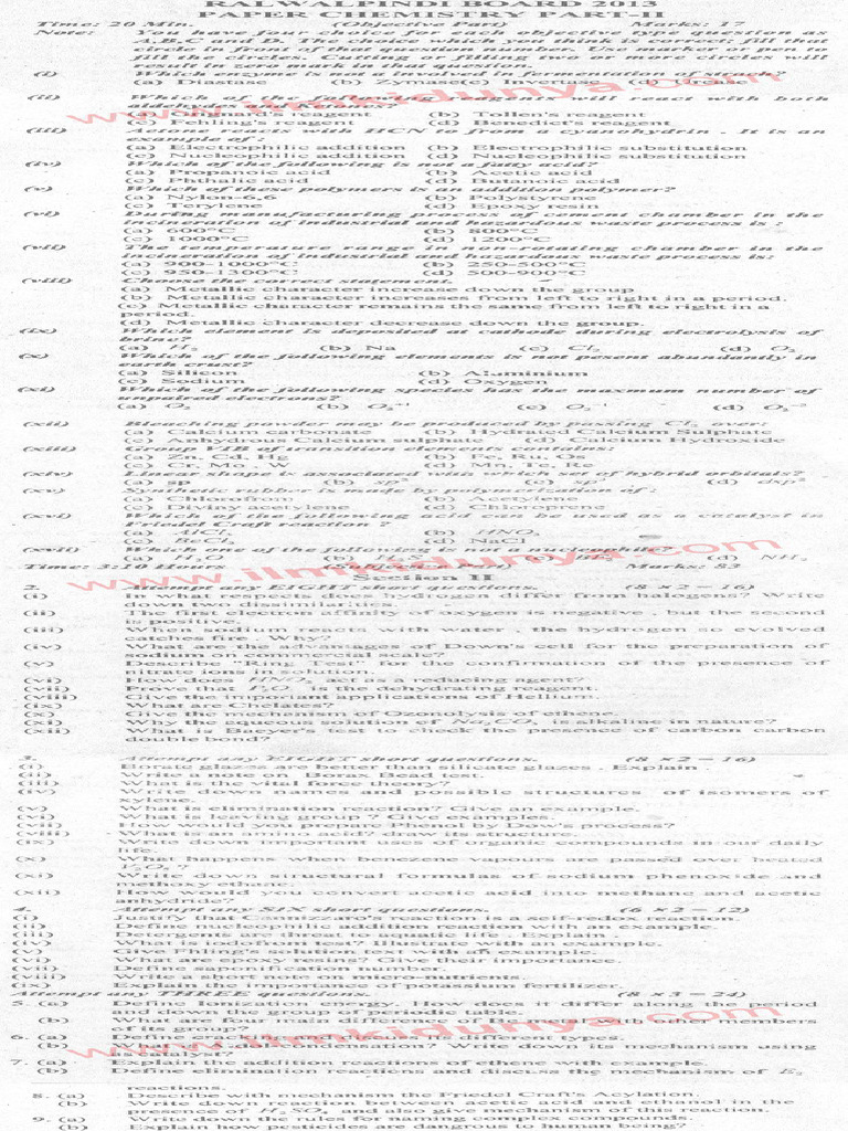 Past Papers 2013 Rawalpindi Board FSC Part 2 Chemistry | PDF