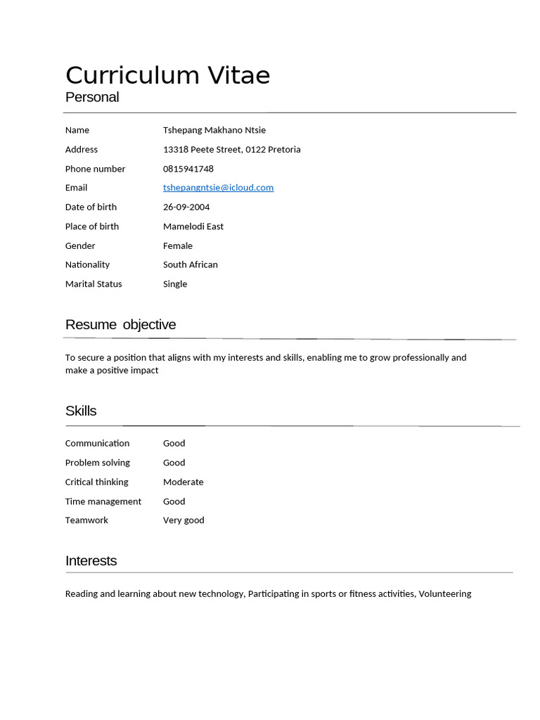 Tshepang Ntsie's CV Summary | PDF