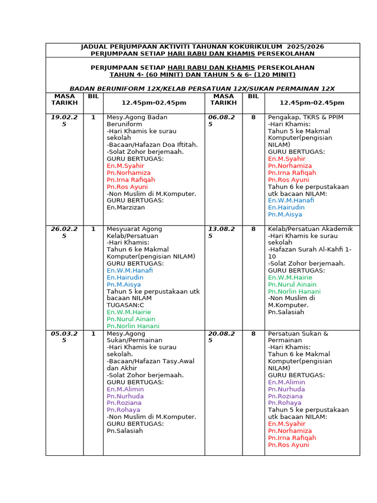 Jadual Perjumpaan Aktiviti Tahunan Kokurikulum 2025-2026 Rabu Khamis | PDF