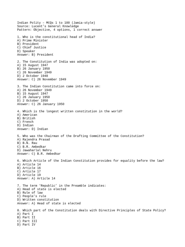 Indian Polity 500 MCQs Jamia Style | PDF