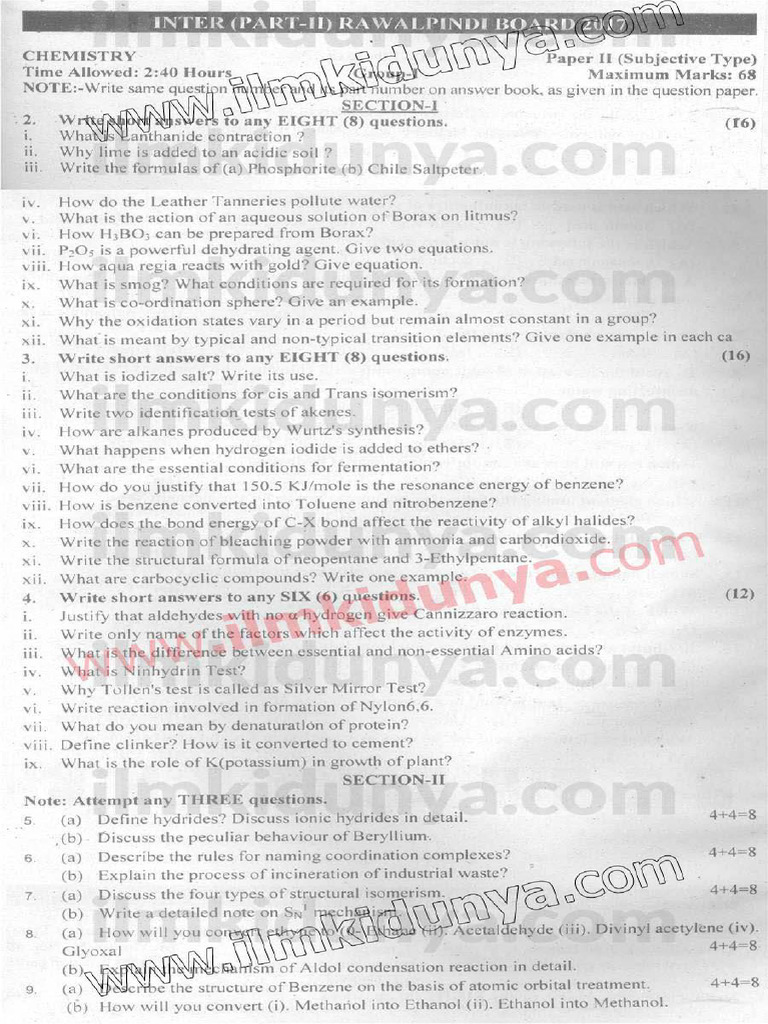 Past Papers 2017 Rawalpindi Board F.SC Part II Chemistry Group I ...